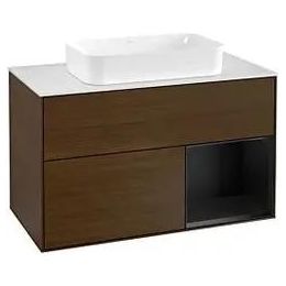 Villeroy & Boch Villeroy und Boch Finion Waschtischunterschrank F251PDGN 100x60,3cm, Abdeckplatte white matt, Regal rechts Black matt lacquer, Walnut veneer