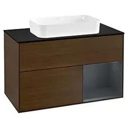 Villeroy & Boch Villeroy und Boch Finion Waschtischunterschrank F252HGGN 100x60,3cm, Abdeckplatte black matt, Regal rechts Midnight Blue Matt Lacquer, Walnut veneer