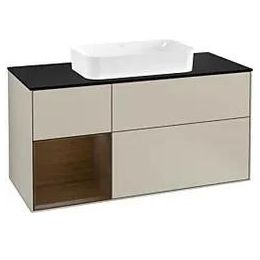 Villeroy & Boch Villeroy und Boch Finion Waschtischunterschrank F292GNHH 120cm, Abdeckplatte black matt, Regal links Walnut veneer, Sand Matt Lacquer