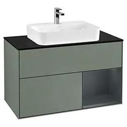 Villeroy & Boch Villeroy und Boch Finion Waschtischunterschrank F372HGGM 100cm, Abdeckplatte black matt, Regal rechts Midnight Blue Matt Lacquer, Olive Matt Lacquer