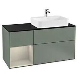 Villeroy & Boch Villeroy und Boch Finion Waschtischunterschrank F392HHGM 120cm, Abdeckplatte black matt, Regal links Sand Matt Lacquer, Olive Matt Lacquer