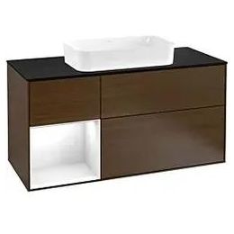 Villeroy & Boch Villeroy und Boch Finion Waschtischunterschrank G292GFGN 120cm, Abdeckplatte black matt, Emotion, Regal links Glossy white lacquer, Walnut veneer