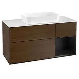 Villeroy & Boch Villeroy und Boch Finion Waschtischunterschrank G301PDGN 120cm, Abdeckplatte white matt, Emotion, Regal rechts Black matt lacquer, Walnut veneer