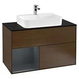 Villeroy & Boch Villeroy und Boch Finion Waschtischunterschrank G362HGGN 100cm, Abdeckplatte black matt, Emotion, Regal links Midnight Blue Matt Lacquer, Walnut veneer