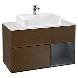 Villeroy & Boch Villeroy und Boch Finion Waschtischunterschrank G371HGGN 100cm, Abdeckplatte white matt, Emotion, Regal rechts Midnight Blue Matt Lacquer, Walnut veneer