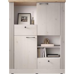 Highboard Home Affaire "Country Höhe 160 cm u. Breite 118 cm, Kommode 2 Türen, 2 Schubkästen", beige (eiche meringa nb, eiche cadiz nb), B:118cm H:160cm T:44cm, Sideboards, Schrank im Landhausstil, viel Stauraum, mit Metallgriffe, MDF-Rahmen