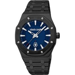 Quarzuhr Roberto Cavalli "Uomo Ottagono", schwarz (schwarz, dunkelblau), Armbanduhren, Herren, Armbanduhr, Herrenuhr, Edelstahlarmband, analog, Tag