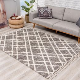 Hochflor-Teppich Carpet City "Pulpy 540" Gr. 5, grau, B:240cm H:30mm L:340cm, Kunstfaser, Teppiche, Fransenteppich, besonders weich, mit Fransen, Rauten-Optik