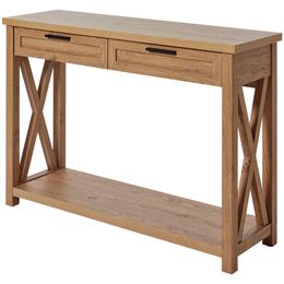 Konsolentisch Jahnke "Chalet" Tische Gr. B/H/T: 110 cm x 77,2 cm x 34 cm, Montana Eiche, braun (montana eiche, montana eiche) Konsolentisch mit 2 Schubladen und Ablage, Landhausstil, X-Design