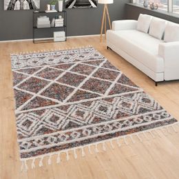 Hochflor-Teppich Paco Home "Monza 651" Teppiche Gr. B: 140cm, 34mm, L: 200cm, bunt (mehrfarbig) Fransenteppich meliert, Rauten Muster, 3D-Effekt, mit Fransen