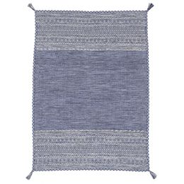 Teppich CarpetFine "Kelim Azizi" Teppiche Gr. B: 120 cm 1 St., 5 mm, L: 170 cm, blau Fransenteppich Baumwolle, Wendeteppich mit Fransen, Wohnzimmer