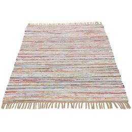 Teppich CarpetFine "Kelim Chindi, Wendeteppich" Teppiche Gr. B: 200 cm 1 St., 6 mm, L: 250 cm, grau (taupe) Fransenteppich handgewebt, Fleckerlteppich mit Fransen, auch vielen in Läufergrößen