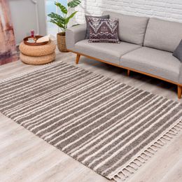 Hochflor-Teppich Carpet City "Pulpy 520" Gr. 4, grau, B:200cm H:30mm L:290cm, Kunstfaser, Teppiche, Fransenteppich, besonders weich, mit Fransen, Streifen Look