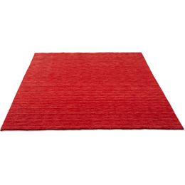 Wollteppich Theko "Holi", rot, B:70cm H:13mm L:140cm, Schurwolle, Teppiche, Uni-Farben, leicht meliert, reine Wolle, handgewebt mit Knüpfoptik