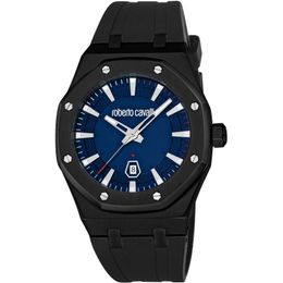 Quarzuhr Roberto Cavalli "Uomo Ottagono", schwarz (schwarz, dunkelblau), Armbanduhren, Herren, Armbanduhr, Herrenuhr, Silikonarmband, analog, Tag