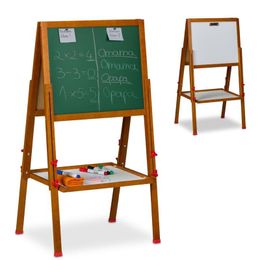 Relaxdays - Kinderstandtafel, magnetische Spieltafel, höhenverstellbar, 102-135x55x52 cm, Whiteboard & Kreidetafel, braun