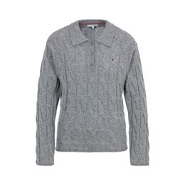 Polokragenpullover Tommy Hilfiger "SOFT WOOL CABLE POLO SWEATER" Gr. L (40), grau (medium heather grey) Damen Pullover mit Kragen & Knopfleiste, Zopfmuster allover