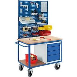 ROLLCART Profi-Werkbankwagen mit 4 Schubladen, 2 x Lochmodulplatte, 1 x Schlitzmodulplatte, 1250x700x1990mm