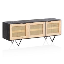 Wohnling Sideboard 145x55x40 cm Massivholz Rattan Anrichte Kommodenschrank