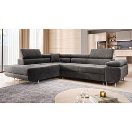 Ecksofa Monaco Samt Grau mit Bett Bettkasten Kopfteilverstellung Bett Sofa Schlafsofa Ottomane links