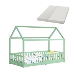 Juskys Kinderbett Marli 90 x 200 cm mit Matratze, Gitter, Lattenrost & Dach - Bett Mint