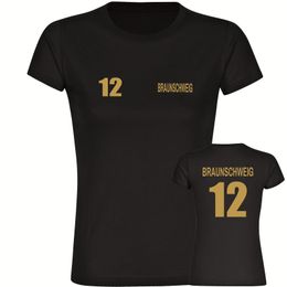 multifanshop® Damen T-Shirt - Braunschweig - Trikot Nummer 12 gold - Druck gold metallic