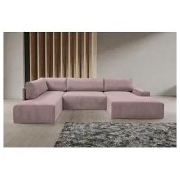 Wohnlandschaft WERK2 "Hugo-U U-Form" Sofas Gr. B/H/T: 329cm x 85cm x 195cm, Cord, Recamiere rechts, Schlaffunktion und Bettkasten, rosa (rose) Design Wohnlandschaft in Cord mit Schlaffunktion & Bettkasten