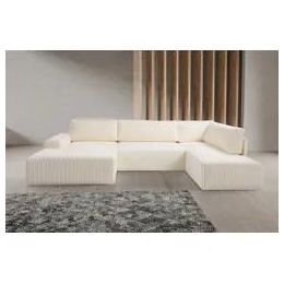 Wohnlandschaft WERK2 "Hugo-U U-Form" Sofas Gr. B/H/T: 329cm x 85cm x 195cm, Breitcord, Recamiere links, Schlaffunktion und Bettkasten, beige (creme) Design Wohnlandschaft in Cord mit Schlaffunktion & Bettkasten