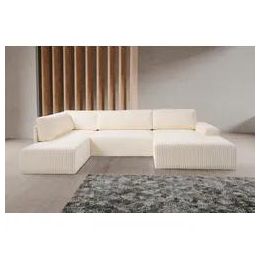 Wohnlandschaft WERK2 "Hugo-U U-Form" Sofas Gr. B/H/T: 329cm x 85cm x 195cm, Breitcord, Recamiere rechts, Schlaffunktion und Bettkasten, beige (creme) Design Wohnlandschaft in Cord mit Schlaffunktion & Bettkasten