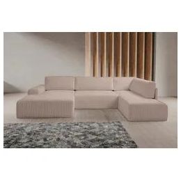 Wohnlandschaft WERK2 "Hugo-U U-Form" Sofas Gr. B/H/T: 329cm x 85cm x 195cm, Breitcord, Recamiere links, Schlaffunktion und Bettkasten, grau (taupe) Design Wohnlandschaft in Cord mit Schlaffunktion & Bettkasten