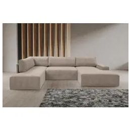 Wohnlandschaft WERK2 "Hugo-U U-Form" Sofas Gr. B/H/T: 329cm x 85cm x 195cm, Cord, Recamiere rechts, Schlaffunktion und Bettkasten, grau (hellgrau/beige) Design Wohnlandschaft in Cord mit Schlaffunktion & Bettkasten