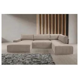 Wohnlandschaft WERK2 "Hugo-U U-Form" Sofas Gr. B/H/T: 329cm x 85cm x 195cm, Cord, Recamiere links, Schlaffunktion und Bettkasten, grau (hellgrau/beige) Design Wohnlandschaft in Cord mit Schlaffunktion & Bettkasten