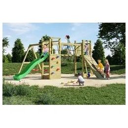 Spielturm Fungoo "Maxi Funny Exposure" Spieltürme grün (grün, holzfarben) Kinder Schaukel, Rutsche mit Wasseranschluss, Sandkasten, Brückenverbindung