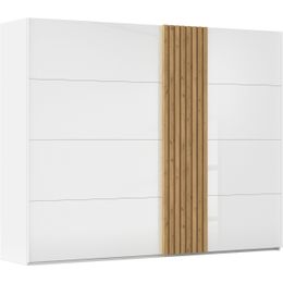 Schwebetürenschrank Rauch "Kleiderschrank Schrank Garderobe Wäscheschrank TEGIO" Schränke Gr. B/H/T: 281cm x 223cm x 69cm, 2 St., weiß (alpinweiß/glas kristallweiß, absetzungen asteiche) mit hochwertigen Holzdekoraufleistung und Glasfront MADE IN GERMANY