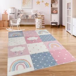 Kinderteppich Paco Home "Eliz 396" Teppiche Gr. B: 160 cm 1 St., 12 mm, L: 220 cm, pink Kinder Spielteppich, Patchwork-Muster, Motiv Regenbogen, Wolke, Herz