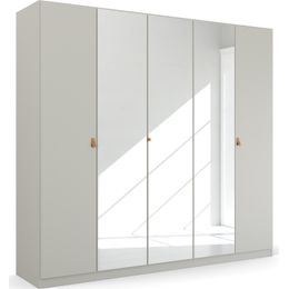 Drehtürenschrank Rauch "Homey by Quadra Spin" Schränke Gr. B/H/T: 226cm x 210cm x 54cm, 5 St., grau (seidengrau) mit Grifflaschen aus weichem, cognacbraunem Leder, Spiegel