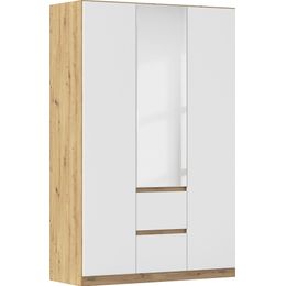 Drehtürenschrank Rauch "Kleiderschrank Schrank mit Spiegel Garderobe Garderobenschrank MAINZ" Schränke Gr. B/H/T: 136 cm x 210 cm x 54 cm, 3 St., weiß (eiche artisan, alpinweiß) grifflose Front mit Spiegel, Außentüren Push-to-Open Funktion