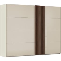 Schwebetürenschrank Rauch "Kleiderschrank Schrank Garderobe Wäscheschrank TEGIO" Schränke Gr. B/H/T: 281cm x 223cm x 69cm, 2 St., beige (champagner/glas champagner, absetzungen nussbaum) mit hochwertigen Holzdekoraufleistung und Glasfront MADE IN GERMANY