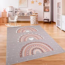 Kinderteppich Paco Home "Eliz 392" Teppiche Gr. B: 120 cm 1 St., 12 mm, L: 160 cm, grau (grau, beige) Kinder Kurzflor, Spielteppich, Patchwork-Muster, Motiv Punkte & Regenbogen