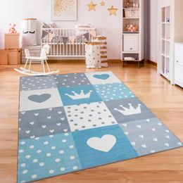 Kinderteppich Paco Home "Eliz 391" Teppiche Gr. B: 160 cm 1 St., 12 mm, L: 220 cm, blau Kinder Kurzflor, Spielteppich, Patchwork-Muster, Motiv Krone, Herz & Punkte