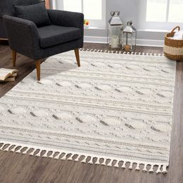 Teppich Carpet City "VALENCIA 930", beige (creme), B:140cm H:20mm L:200cm, Obermaterial: 55% Polypropylen, 45% Sisal, Teppiche, Fransenteppich, Boho-Stil, Hochtief-Muster/ 3D-Effekt, mit Fransen