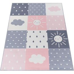 Kinderteppich Paco Home "Eliz 393" Teppiche Gr. B: 240 cm 1 St., 12 mm, L: 340 cm, rosa Kinder Kurzflor, Spielteppich, Patchwork-Muster, Motiv Sonne, Wolken, Herz