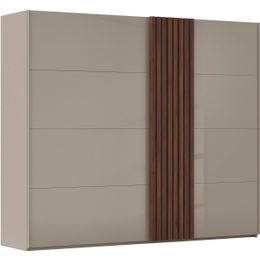 Schwebetürenschrank Rauch "Kleiderschrank Schrank Garderobe Wäscheschrank TEGIO" Schränke Gr. B/H/T: 262cm x 223cm x 69cm, 2 St., grau (fango/glas fango, absetzungen nussbaum) mit hochwertigen Holzdekoraufleistung und Glasfront MADE IN GERMANY