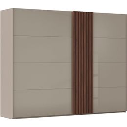 Schwebetürenschrank Rauch "Kleiderschrank Schrank Garderobe Wäscheschrank TEGIO" Schränke Gr. B/H/T: 281cm x 223cm x 69cm, 2 St., grau (fango/glas fango, absetzungen nussbaum) mit hochwertigen Holzdekoraufleistung und Glasfront MADE IN GERMANY