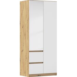 Drehtürenschrank Rauch "Kleiderschrank Schrank mit Spiegel Garderobe Garderobenschrank MAINZ" Schränke Gr. B/H/T: 91 cm x 210 cm x 54 cm, 2 St., weiß (eiche artisan, alpinweiß) grifflose Front mit Spiegel, Außentüren Push-to-Open Funktion