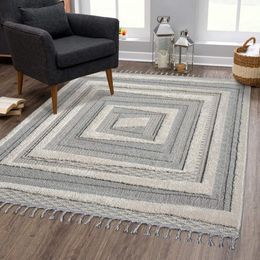 Teppich Carpet City "VALENCIA 940", blau (grau, blau), B:160cm H:20mm L:230cm, Obermaterial: 55% Polypropylen, 45% Sisal, Teppiche, Boho-Stil, Hochtief-Muster/ 3D-Effekt, mit Fransen