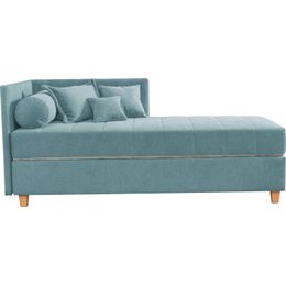 Schlafsofa Alina "Kona", blau (pastellblau gcp 16), B:201cm H:90,5cm T:91cm, Chenille GCP (100% Polyester), Sofas, Schlafsofa, 7-Zonen Taschenfederkernmatratze, Zierkissen-Set und Schlummerrollen