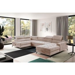 Fun Moebel - Wohnlandschaft Schlafsofa agnesa Stoff Salvador Hellbeige Ottomane Rechts