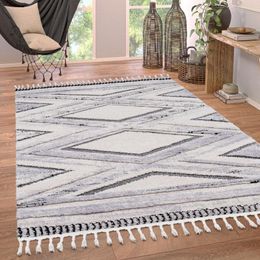 Paco Home - Teppich Wohnzimmer Kurzflor Modern Ethno Skandi Rautenmuster 3D Effekt Fransen 160 cm Rund, Grau 2