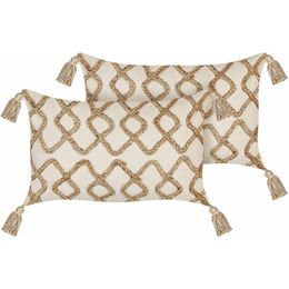 Beliani - Dekokissen 2er Set Beige Baumwolle und Jute 35 x 55 cm Bezug mit Füllung Reißverschluss Strukturiert Geometrisches Muster Boho Wohnzimmer